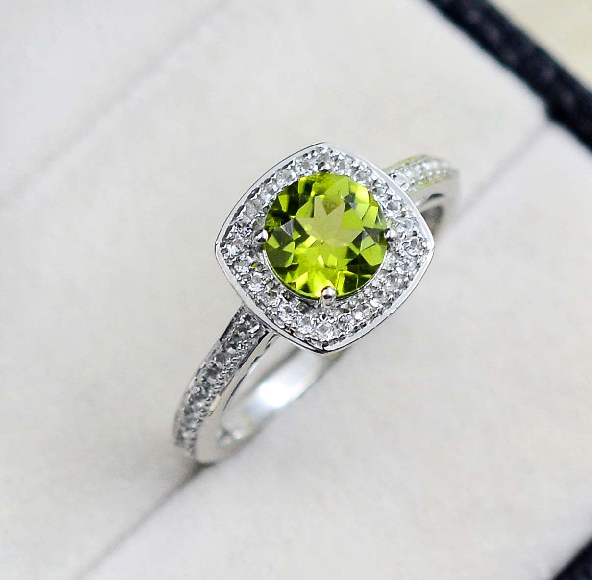 Natural Yellow Peridot 7 MM Round Cut August Birthstone Gemstone 925 Sterling Silver Solitaire Unisex Proposal Ring For Wedding Gift (Rhodium Plated Silver, 6.5)