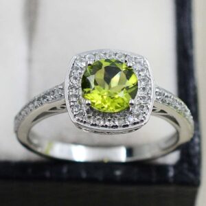 Natural Yellow Peridot 7 MM Round Cut August Birthstone Gemstone 925 Sterling Silver Solitaire Unisex Proposal Ring For Wedding Gift (Rhodium Plated Silver, 6.5)