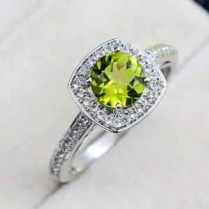 Natural Yellow Peridot 7 MM Round Cut August Birthstone Gemstone 925 Sterling Silver Solitaire Unisex Proposal Ring For Wedding Gift (Rhodium Plated Silver, 6.5)