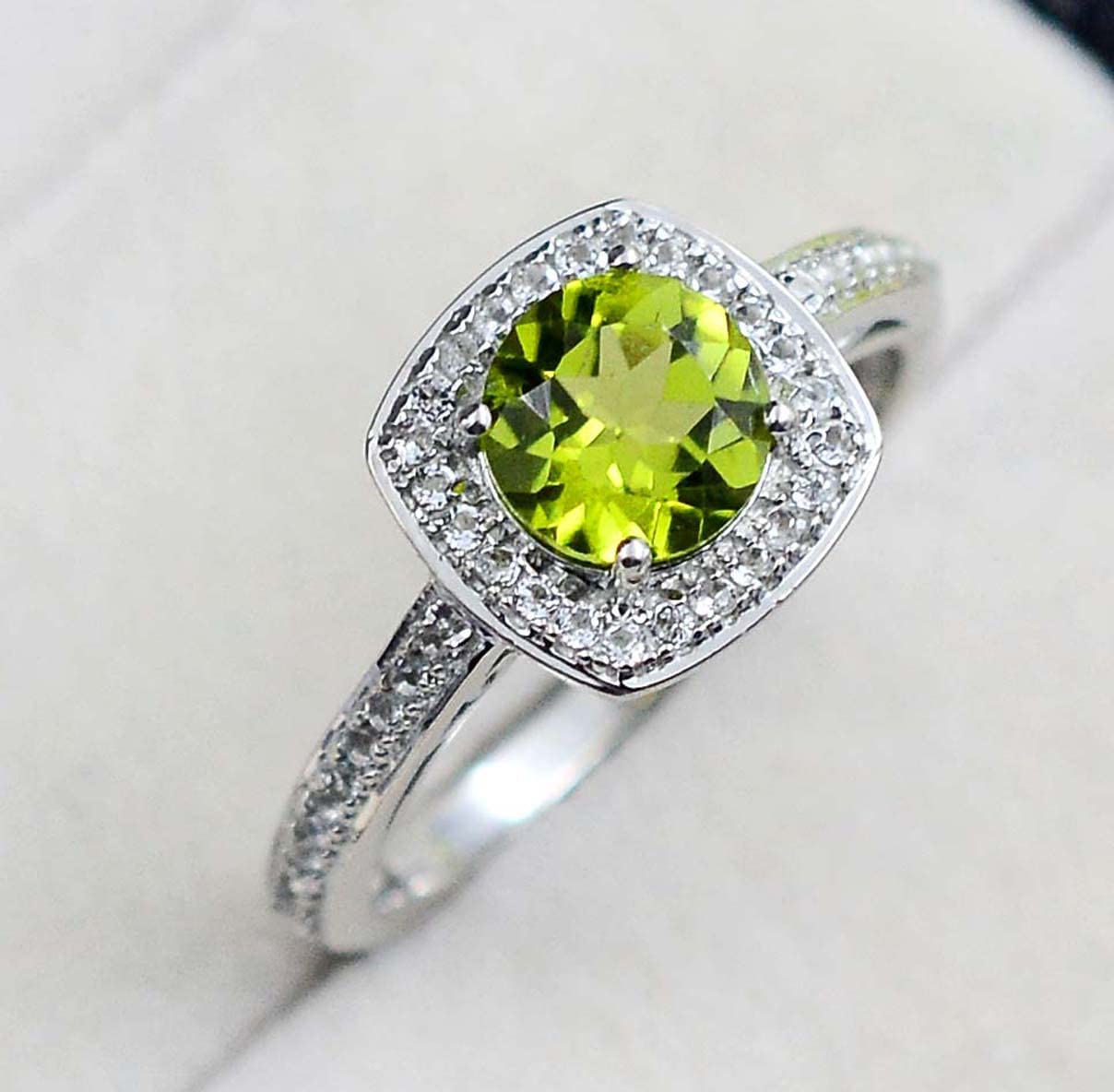 Natural Yellow Peridot 7 MM Round Cut August Birthstone Gemstone 925 Sterling Silver Solitaire Unisex Proposal Ring For Wedding Gift (Rhodium Plated Silver, 6.5)