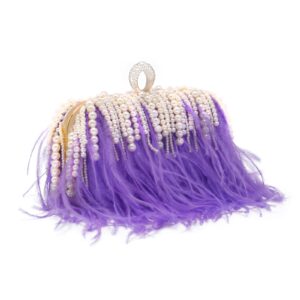 Miuco Ostrich Feather Pearl Clutch Purses For Women Wedding Party Evening Dress Bag Shoulder Bag Purple