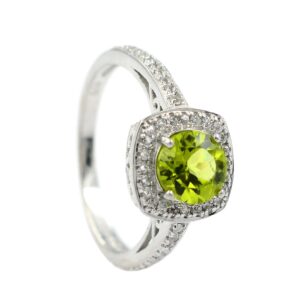 Natural Yellow Peridot 7 MM Round Cut August Birthstone Gemstone 925 Sterling Silver Solitaire Unisex Proposal Ring For Wedding Gift (Rhodium Plated Silver, 6.5)