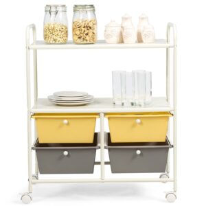 costway 4-drawer storage cart, mobile storage organizer w/steel frame & 360° wheels, 4-drawer utility cart for living room, kitchen, bathroom & office, six colors available (yellow &gray)