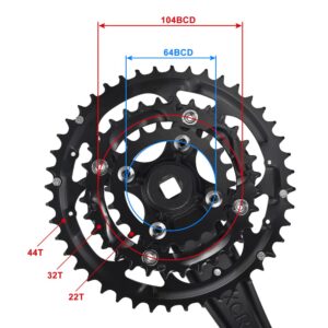 CYSKY 3X 9 Speed Bike Crankset 170mm 104/64 BCD Crank Arm Set 44-32-22T Easy to Replacement MTB BMX Road Bicycle Crankset Compatible with Shimano,SRAM,FSA, Gaint