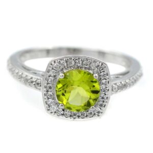 Natural Yellow Peridot 7 MM Round Cut August Birthstone Gemstone 925 Sterling Silver Solitaire Unisex Proposal Ring For Wedding Gift (Rhodium Plated Silver, 6.5)