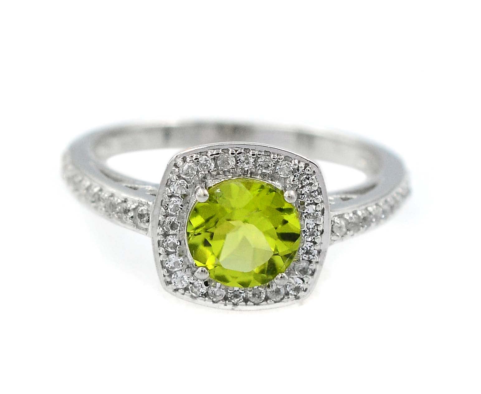 Natural Yellow Peridot 7 MM Round Cut August Birthstone Gemstone 925 Sterling Silver Solitaire Unisex Proposal Ring For Wedding Gift (Rhodium Plated Silver, 6.5)