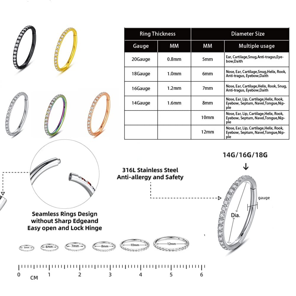 Yaoyaoyors 316 stainless-steel Hinged Nose Rings 18G(1.0mm) 8mm Diamonds Unisex Septum Clicker Helix Cartilage Earrring Hoop Conch Daith Helix Tragus Piercing Jewelry,Bright Silver Color