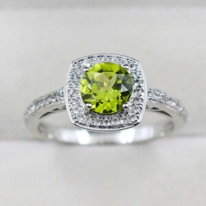 Natural Yellow Peridot 7 MM Round Cut August Birthstone Gemstone 925 Sterling Silver Solitaire Unisex Proposal Ring For Wedding Gift (Rhodium Plated Silver, 6.5)