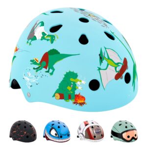 hornit mini lids kids helmet. fully-adjustable multi-sport hard shell helmet with rear safety light, medium, jurassic