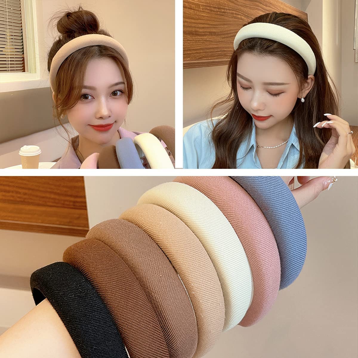 Yazon 5pcs 30mm Fashion Headbands for Girls Women Padded Fabric Hair Bands Ivory Brown Black Hair Hoops For Daily