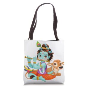 hindu god lord shri krishna with a cow and a bird tote bag