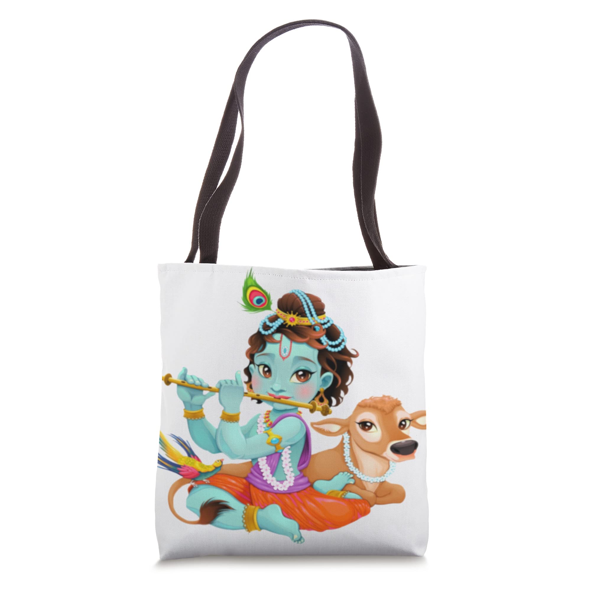 Hindu god Lord Shri Krishna with a Cow and a Bird Tote Bag