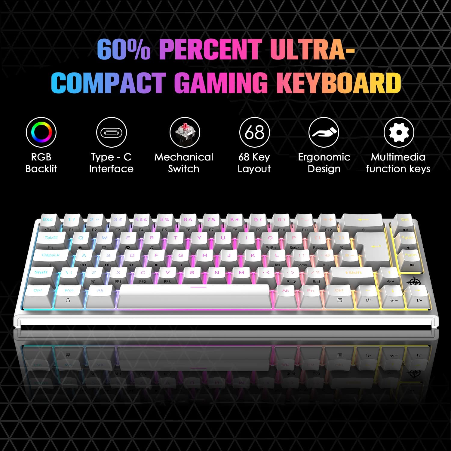 LexonElec 60% Mechanical Gaming Keyboard, RGB Chroma Backlit Ultra Compact Mini Mechanical Keyboard, Red Switches 68-Key Full Key Anti-Ghosting, for PC, MAC, PS4 Gamers and Office Typists (White)