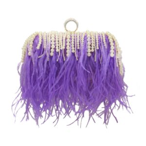 miuco ostrich feather pearl clutch purses for women wedding party evening dress bag shoulder bag purple