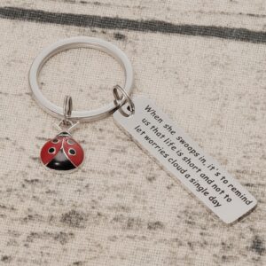 AHAETH Ladybug Keychain Gifts for Women When She Swoops in It Remind Us Not Be Let Worries Cloud A Single Day Keychain Good Luck Inspirational Jewelry Gift