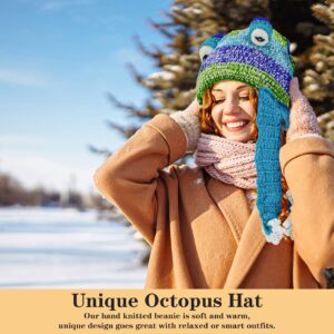 Aizami Knitted Winter Hat Knit Beanie Octopus Hat Unique Soft and Warm Hand Weave Hat for Women and Men Christmas Hat Blue-White, 7 1/8