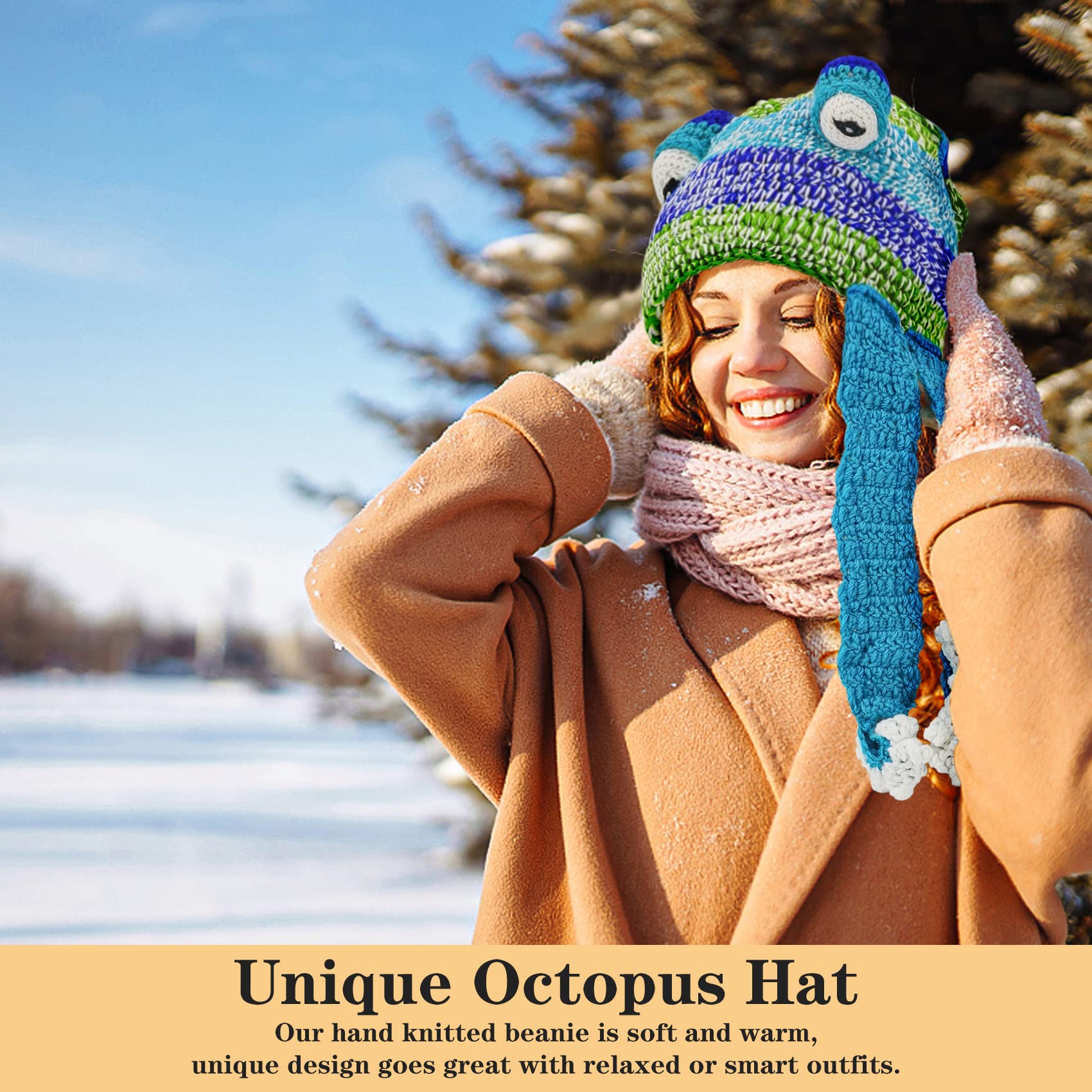 Aizami Knitted Winter Hat Knit Beanie Octopus Hat Unique Soft and Warm Hand Weave Hat for Women and Men Christmas Hat Blue-White, 7 1/8