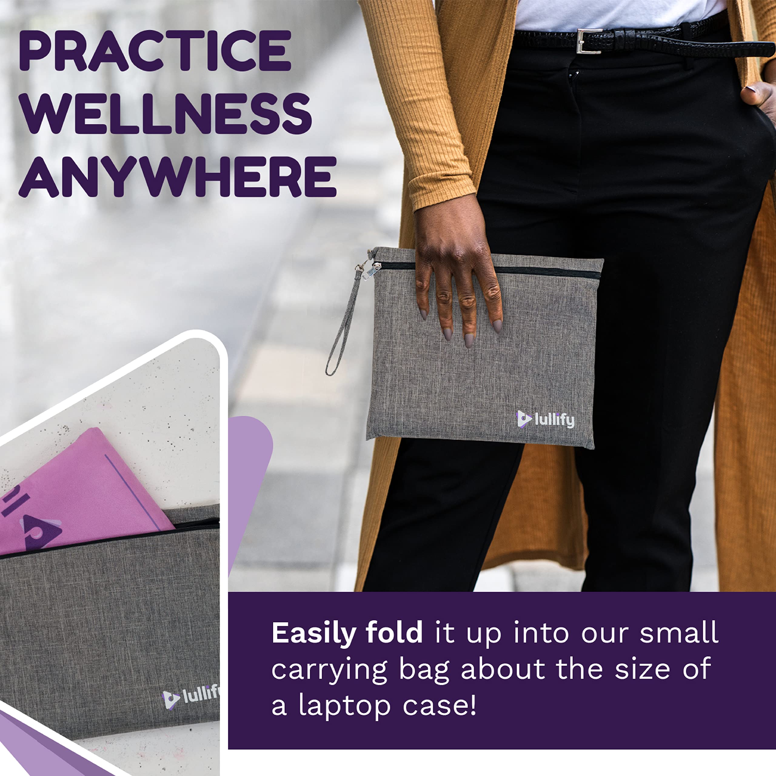 Lullify Travel Yoga Mat With Carrying Bag | Lightweight and Foldable For Max Portability | Extra Thin Microfiber Absorbs Sweat As You Exercise Purple