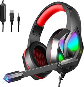 donerton gaming headset, over-ear gaming headphones with noise canceling mic, stereo bass surround sound, soft memory earmuffs led light ps4 gaming headset compatible with pc, laptop, ps4, ps5, red