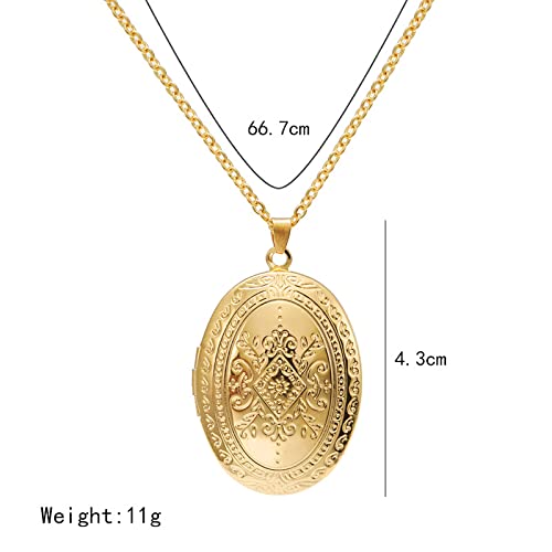 COLORFUL BLING 14k Gold Silver Women Romantic Heart Locket Necklace Engraved Flower Oval Hold Photo Picture Pendant Living Memory Jewelry-gold oval square