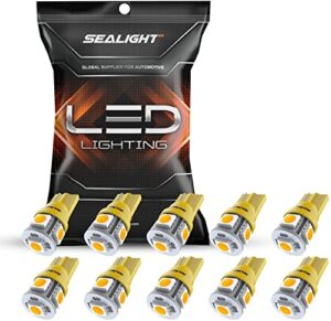 sealight 194 led bulb, 168 t10 led bulb amber 2700k yellow 2825 for turn signal side marker dome lights, 12v cab running parking tail lights, (pack of 10)