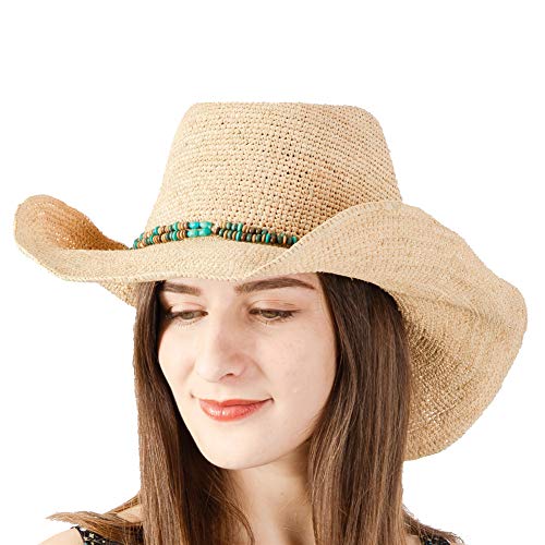 NAMANANA Raffia Straw Cowboy Hat,Women Men Crocheted Summer Straw Hats,Western Cowboy Hat,Beach Sun Hats,Medium Natural