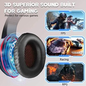 Donerton Gaming Headset, Over-Ear Gaming Headphones with Noise Canceling Mic, Stereo Bass Surround Sound, Soft Memory Earmuffs LED Light PS4 Gaming Headset Compatible with PC, Laptop, PS4, PS5, Red