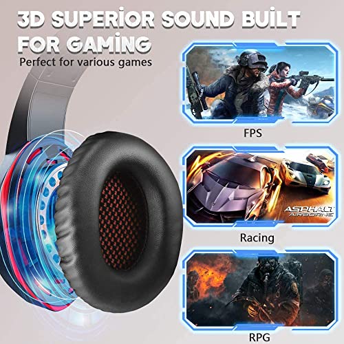 Donerton Gaming Headset, Over-Ear Gaming Headphones with Noise Canceling Mic, Stereo Bass Surround Sound, Soft Memory Earmuffs LED Light PS4 Gaming Headset Compatible with PC, Laptop, PS4, PS5, Red