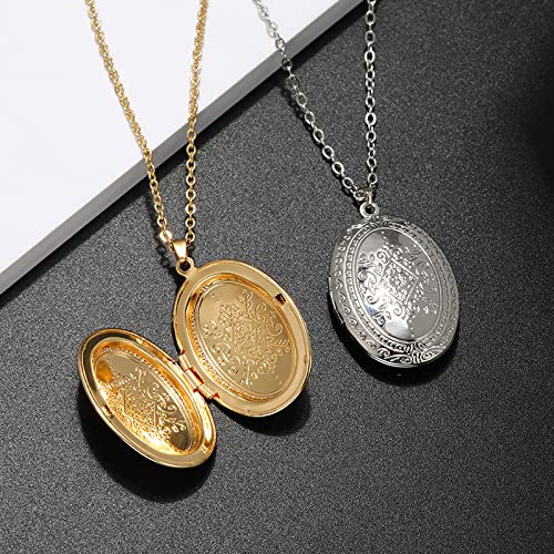 COLORFUL BLING 14k Gold Silver Women Romantic Heart Locket Necklace Engraved Flower Oval Hold Photo Picture Pendant Living Memory Jewelry-gold oval square