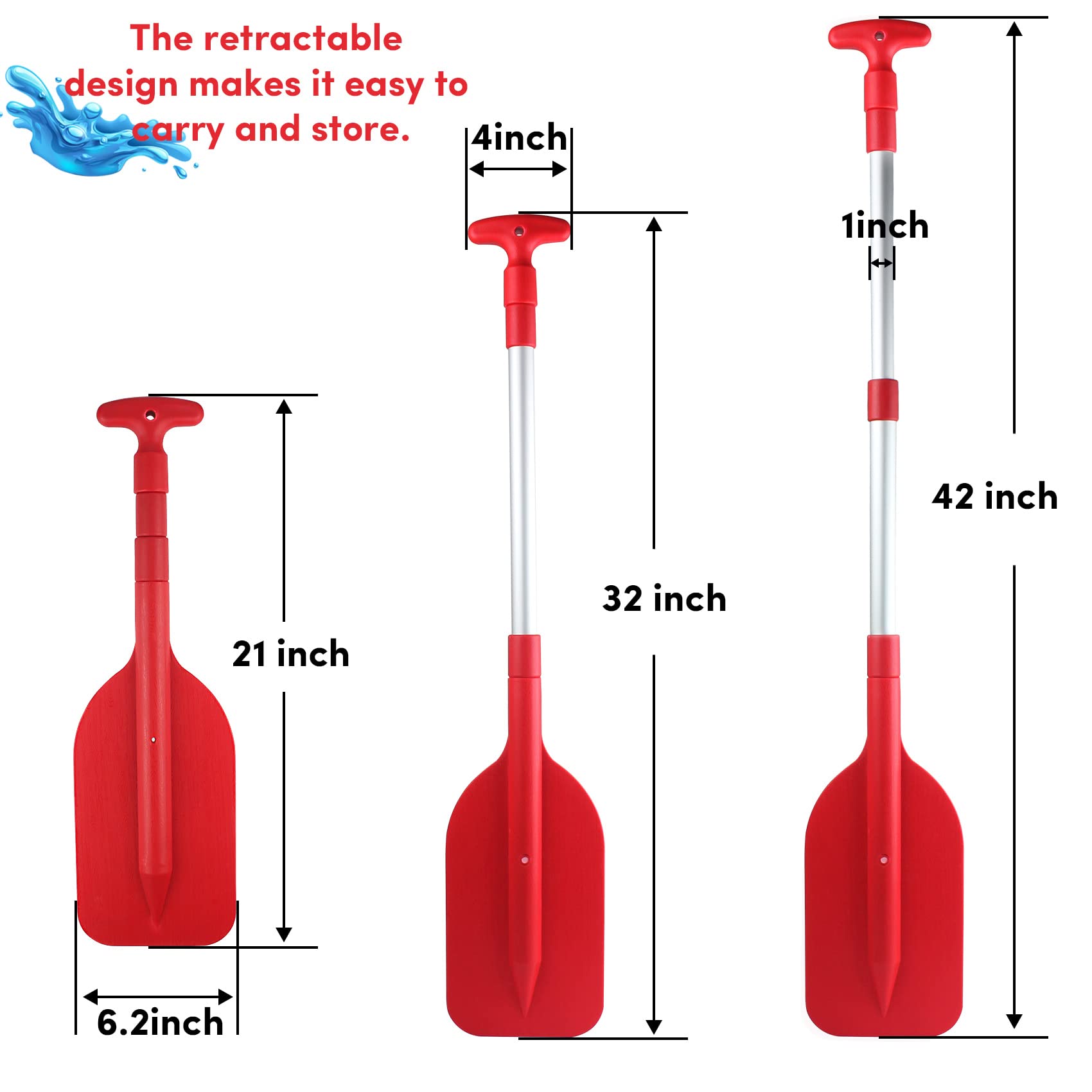 WTMORE Telescoping Boat Paddle Collapsible Oar for Boat 21'' - 42'', Collapsible Paddle for Boat Kayaking Rafting Jet Ski Canoe Outdoor Kayak Water Sports and Safety Boat Accessories 2 Pack, Red