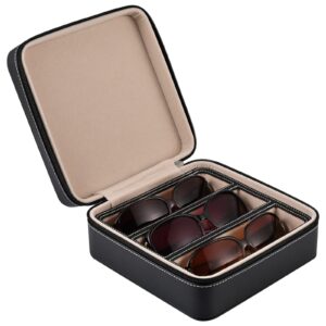 roselle eyewear travel case for women men, luxury leather 3-slot eyeglasses storage box for multiple glasses and sunglasses(black)