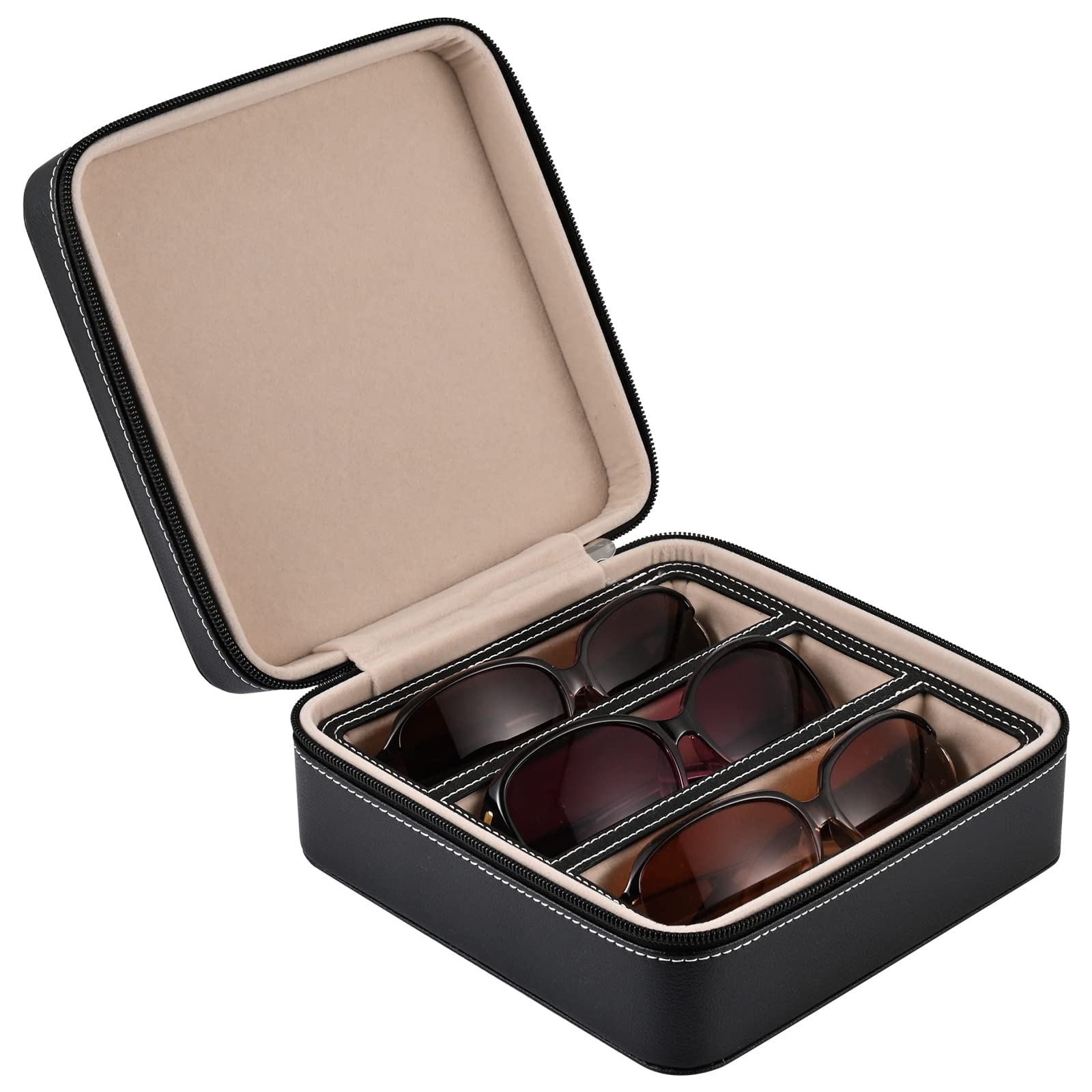 ROSELLE Eyewear Travel Case for women men, Luxury leather 3-Slot Eyeglasses Storage Box for Multiple Glasses and Sunglasses(Black)