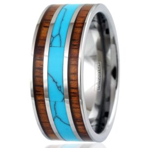 king's cross magnificent x-wide 10mm mirror polished silver tungsten carbide band ring w/blue turquoise inlay between 2 koa wood inlays. (tungsten (10mm), 9)