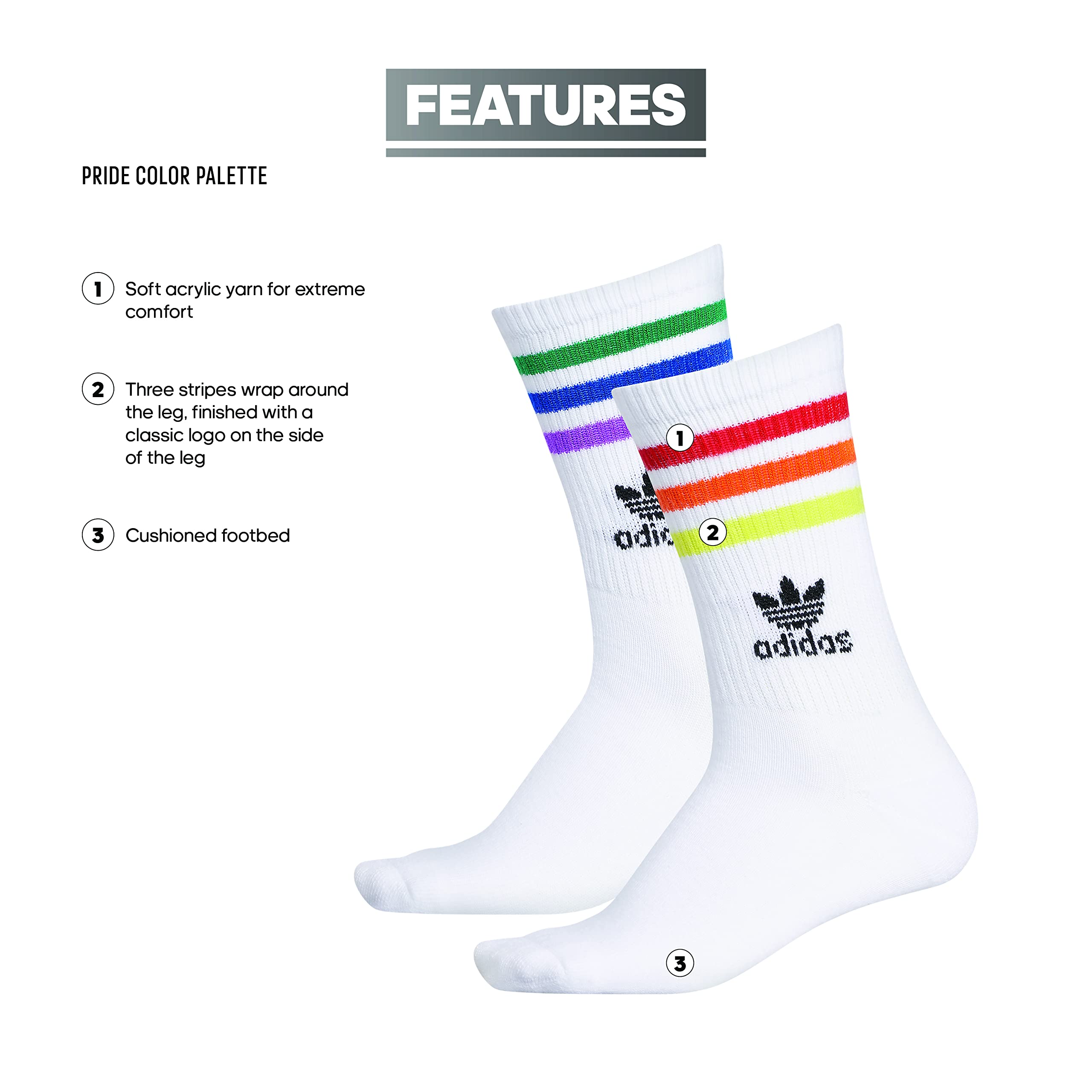 adidas Originals Roller Crew Socks (1-Pair), White/Pride Rainbow Stripes, Medium