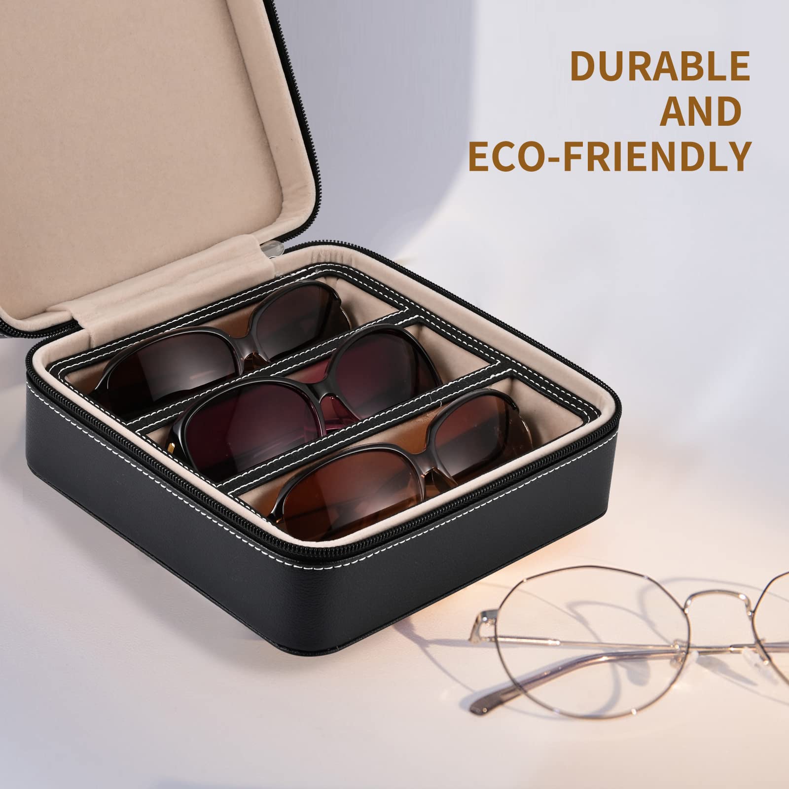 ROSELLE Eyewear Travel Case for women men, Luxury leather 3-Slot Eyeglasses Storage Box for Multiple Glasses and Sunglasses(Black)