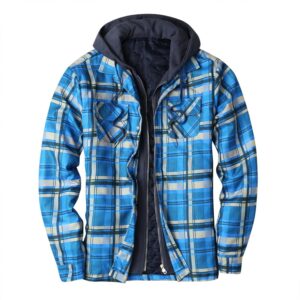 CHSWVUKQ Mens Thermal Quilted Lined Flannel Sherpa Jacket Button Long Sleeve Thicken Warm Pockets Hood Plaid Shirt Coat, 01-blue