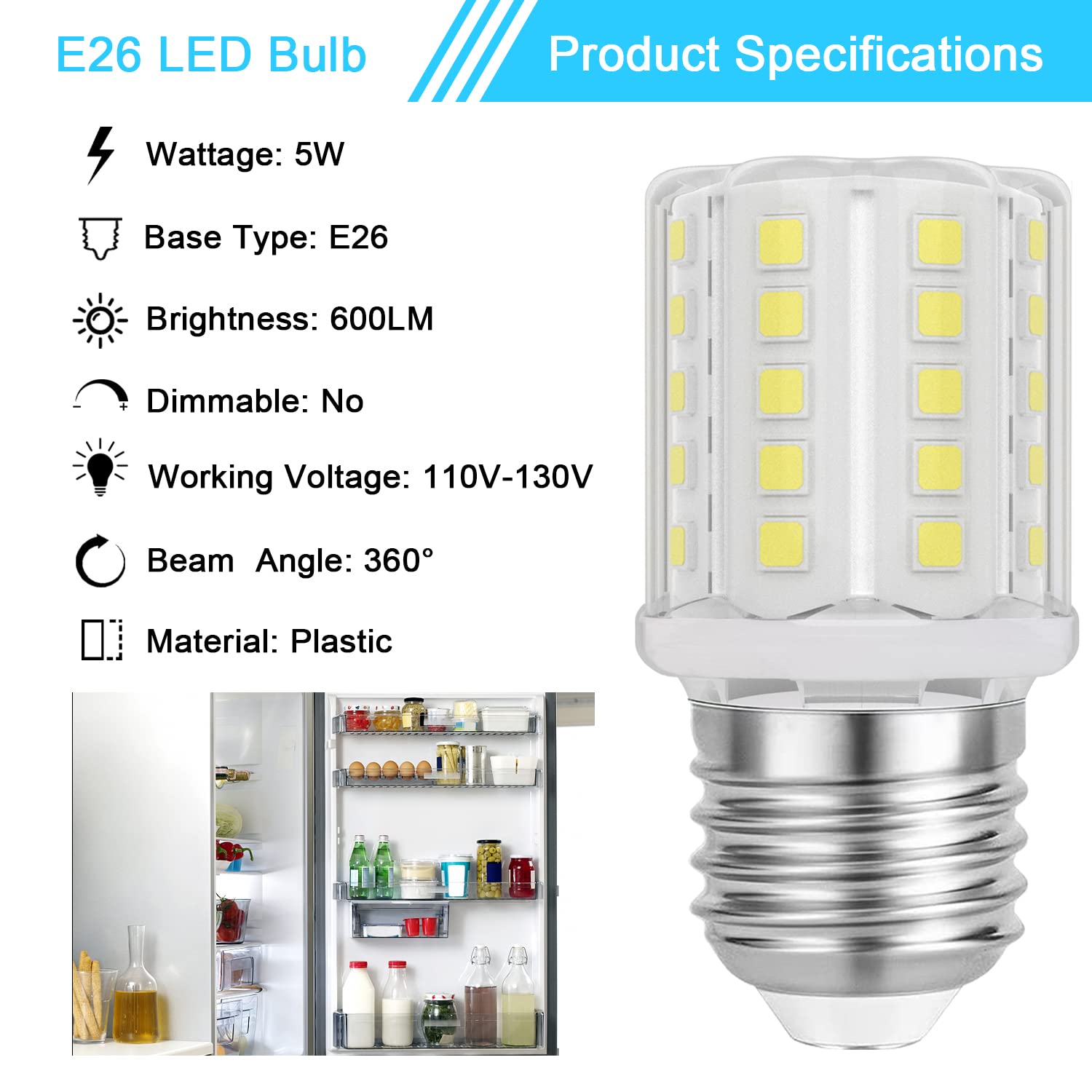 LED Refrigerator Light Bulb 40 Watt Appliance Fridge Freezer E26 Medium Base T10 Tubular A15 Compact Corn Lamp 120V 5W Daylight White 6000K, Pack of 2