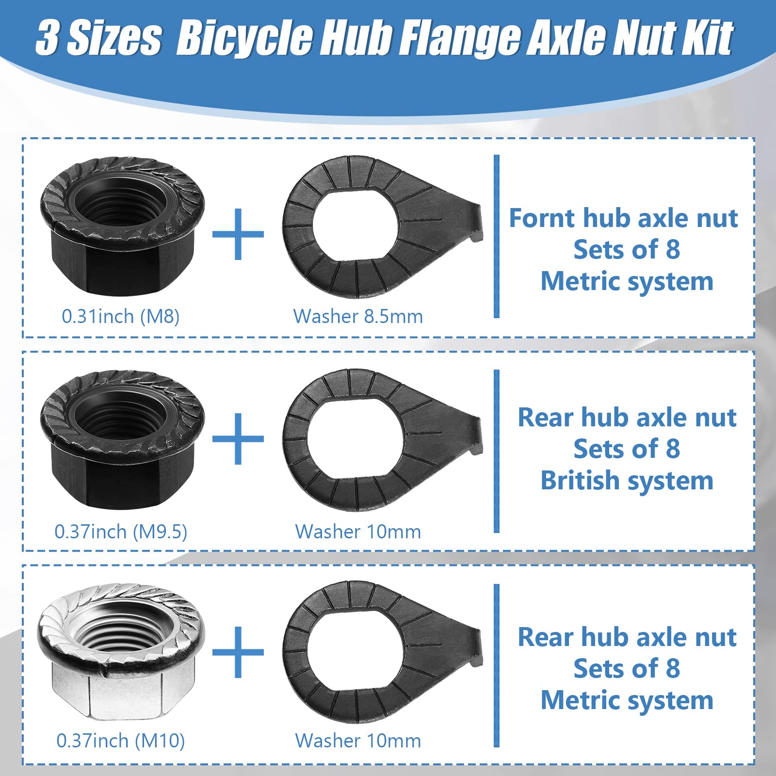 48 Pcs Bike Wheel Axle Nut and Safety Washer Kit 3 Sizes Bicycle Hub Flanged Hardware Nuts Steel Flange Axle Nut Wheel Retaining Bicycle Hook Hub Parts for Front and Rear Bike Wheel Mountain Road