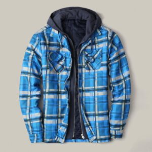 CHSWVUKQ Mens Thermal Quilted Lined Flannel Sherpa Jacket Button Long Sleeve Thicken Warm Pockets Hood Plaid Shirt Coat, 01-blue