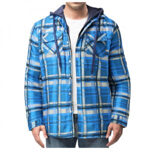 CHSWVUKQ Mens Thermal Quilted Lined Flannel Sherpa Jacket Button Long Sleeve Thicken Warm Pockets Hood Plaid Shirt Coat, 01-blue