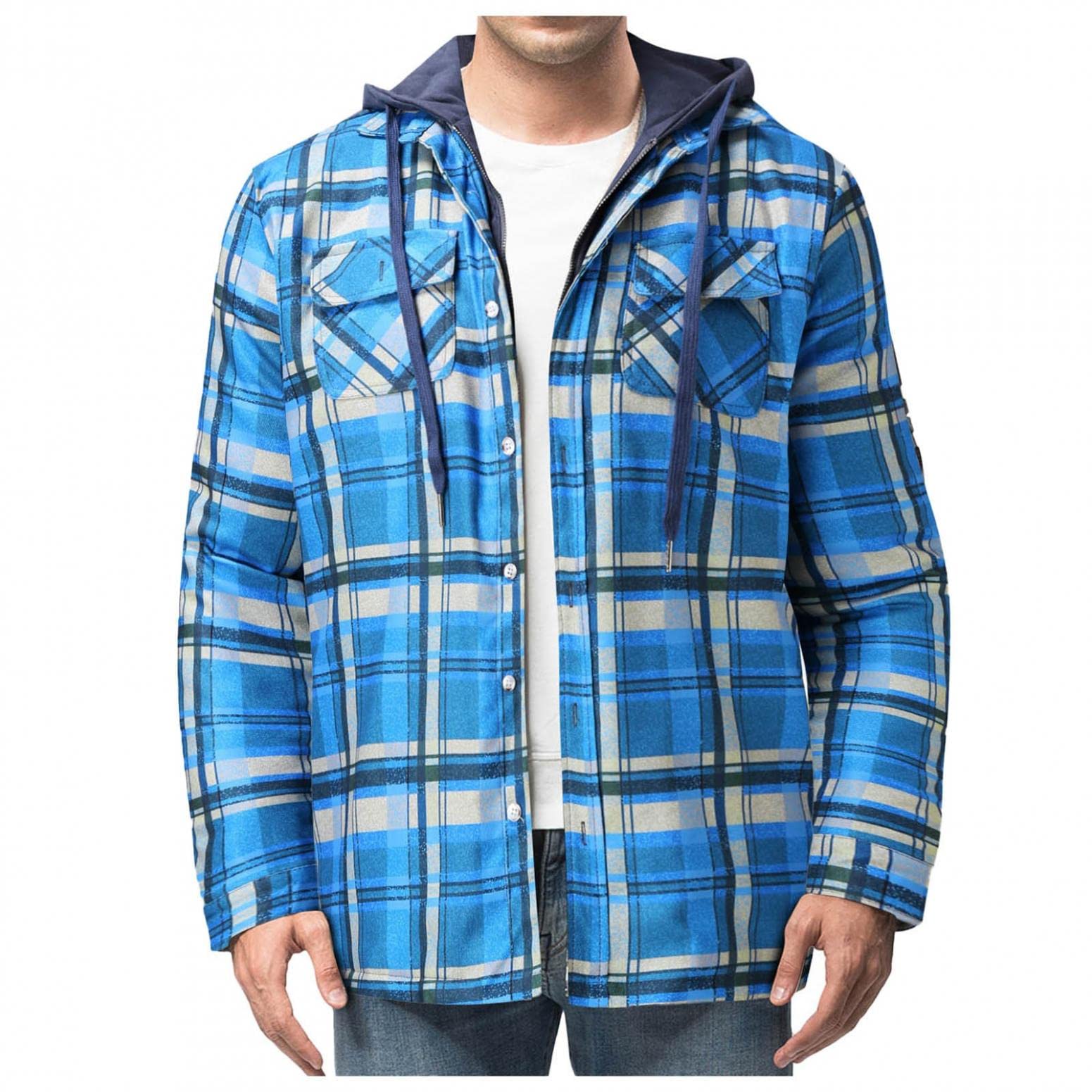 CHSWVUKQ Mens Thermal Quilted Lined Flannel Sherpa Jacket Button Long Sleeve Thicken Warm Pockets Hood Plaid Shirt Coat, 01-blue