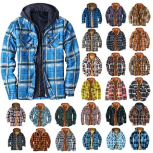 chswvukq mens thermal quilted lined flannel sherpa jacket button long sleeve thicken warm pockets hood plaid shirt coat, 01-blue