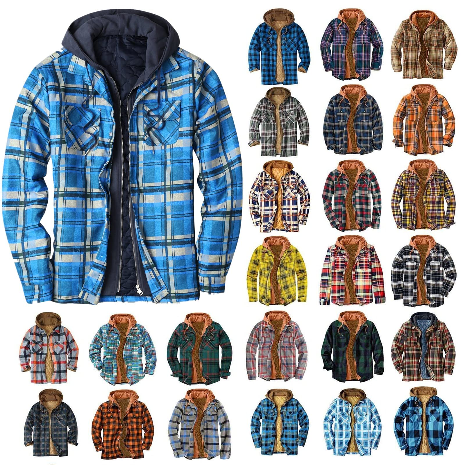 CHSWVUKQ Mens Thermal Quilted Lined Flannel Sherpa Jacket Button Long Sleeve Thicken Warm Pockets Hood Plaid Shirt Coat, 01-blue