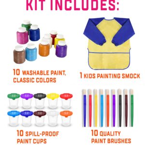 Washable Kids Paint 10 Colors, 10 No Spill Paint Cups For Kids With Lids, 10 Paint Brush Set, Waterproof Kids Smock – Christmas Gifts for Kids, Washable Paint Set For Kids, Finger Painting Supplies