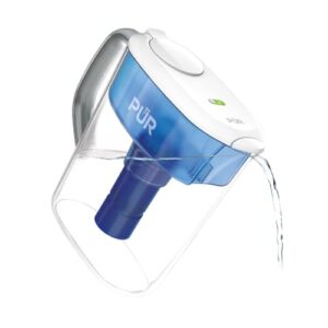 pur plus 11-cup water filter pitcher with 1 lead-reducing pur plus filter, dishwasher safe, powerful filtration, filter change indicator light, white, ppt111w