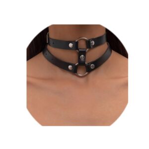 obmyec black leather choker punk short collar gothic 2-tier circle rivet necklace soft pu leather short neck accessories for women