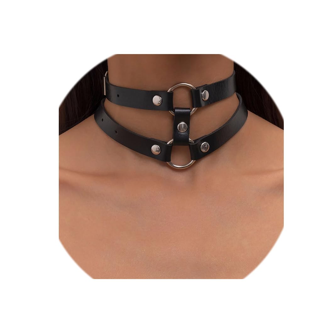 Obmyec Black Leather Choker Punk Short Collar Gothic 2-tier Circle Rivet Necklace Soft PU Leather Short Neck Accessories for Women