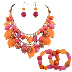 bocar 2 layer statement necklace set chunky beaded fashion necklace with earrings bracelet for women gifts (nk-10619-set)