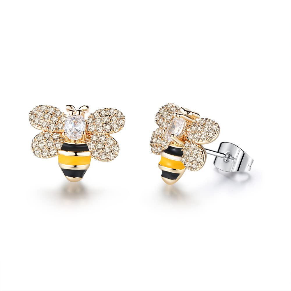 Tiny Bumblebee Stud Earrings for Women Sparkling Cubic Zirconia Crystal Cute Honeybee Cartilage Earring Statement Studs Piercing Hypoallergenic Christmas Jewelry