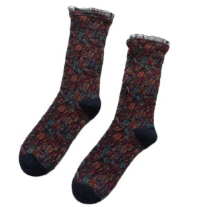 kaixinbukaixin women sweet ruffle lace calf socks ethnic multicolor floral jacquard hosiery,navy blue